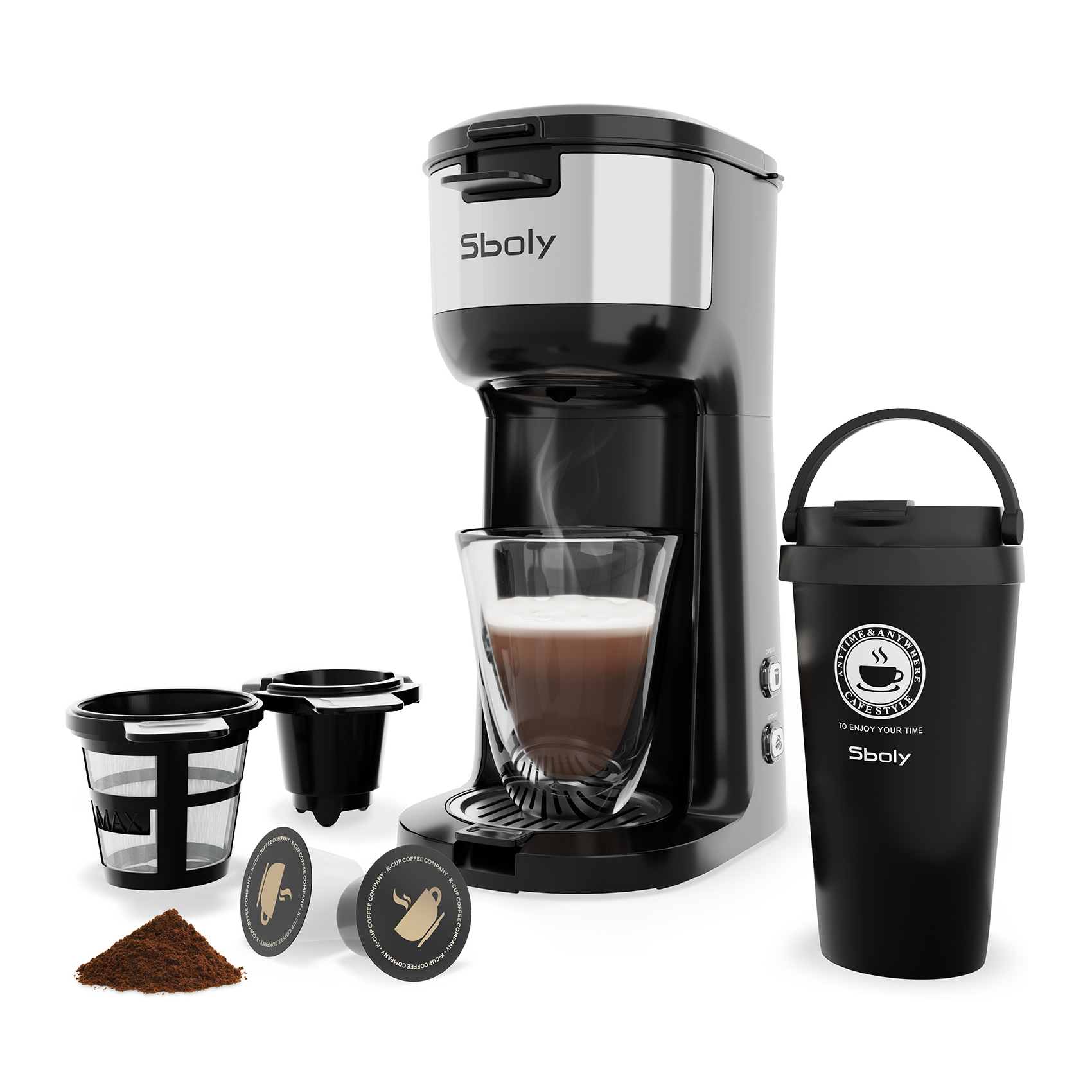 Single Serve Coffee Maker Machine with Thermal Mug for K-Cup Pod Groun – Sboly